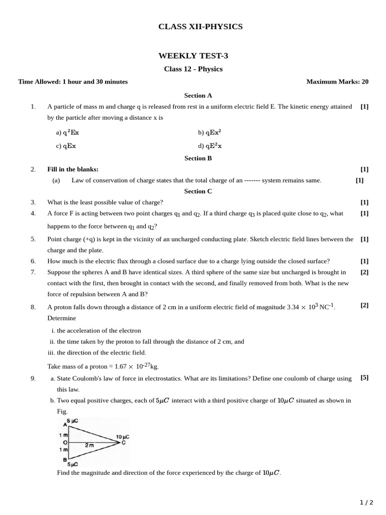 Class Xii - Physics - Weekly Test 3 | PDF | Electric Field | Force