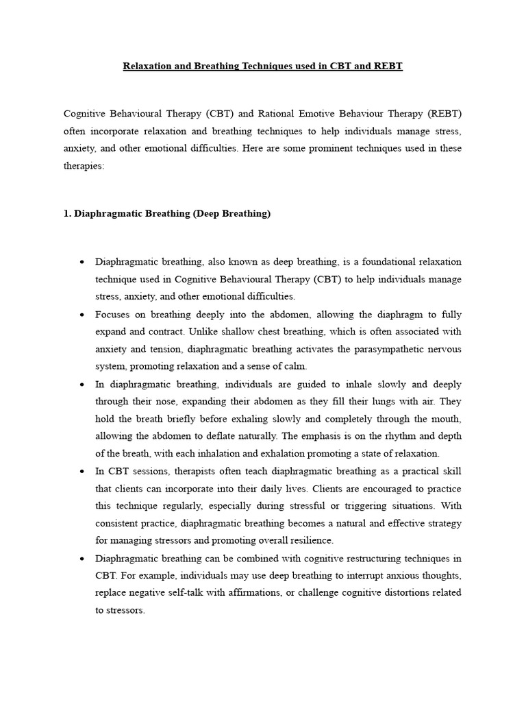 Relaxation and Breathing Techniques used in CBT and REBT | PDF | Mindfulness | Cognitive ...