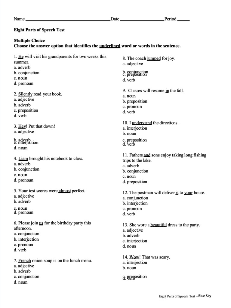 PDF 8 Partsof Speech Grammar Practice Test - Compress | PDF ...