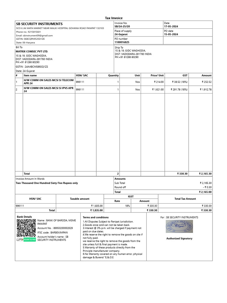 SB Security Instruments Tax Invoice | PDF | Government Finances | Payments