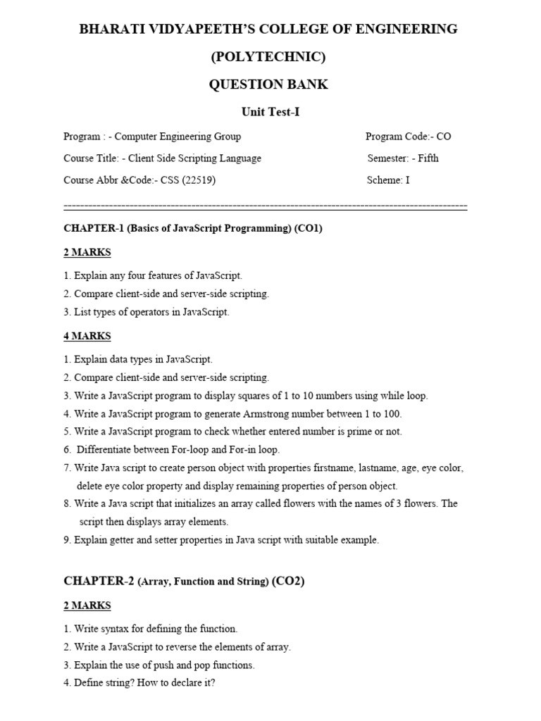 CSS (22519) UT1 Question Bank | PDF | Java Script | Programming Paradigms
