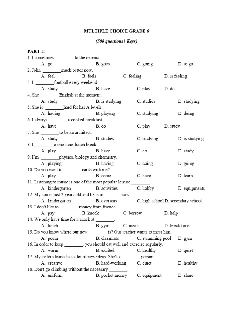 Grade 6 Multiple Choice Questions | PDF | Bedroom | Chair