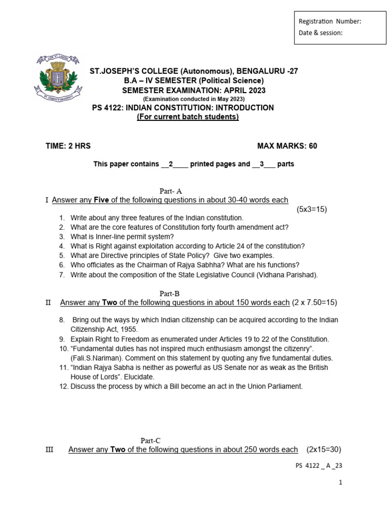 PS4122 - Indian Constitution - Introduction - UG - 4th Sem - 2023 | PDF ...