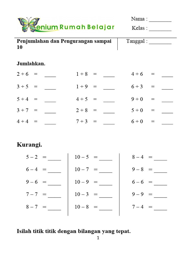 Latihan Penjumlahan Dan Pengurangan Sampai 10 Dan Soal Cerita | PDF ...