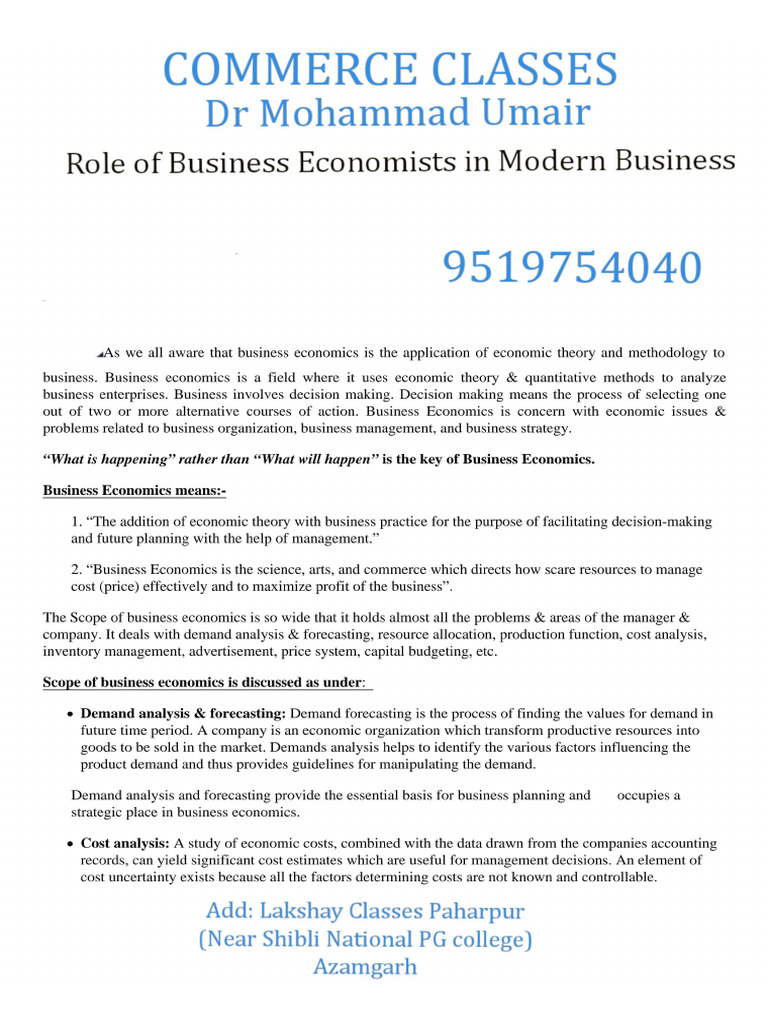 Role of Business Economists in Business | PDF