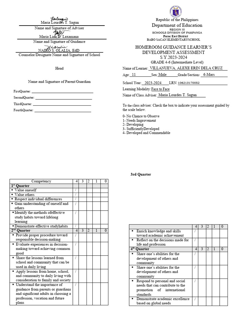 Homeroom Guidance Learners Development Assessment | PDF | Learning ...
