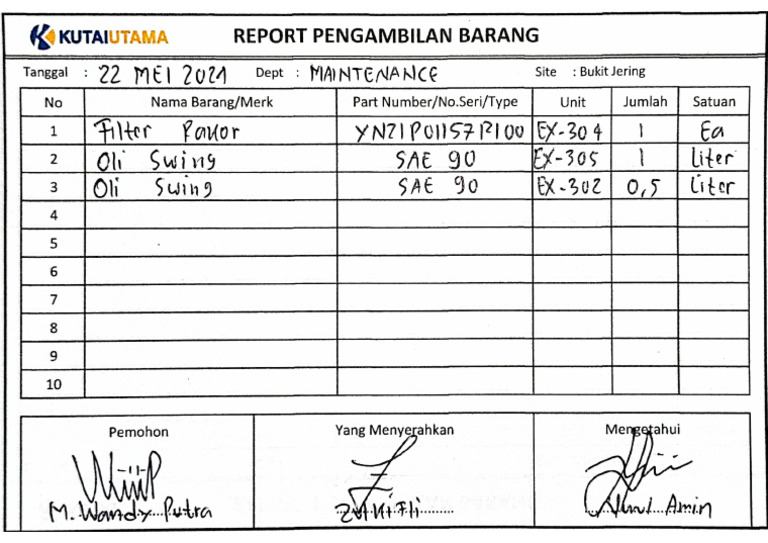 Report Pengambilan Barang 22 Mei 2024 Site Bukit Jering | PDF