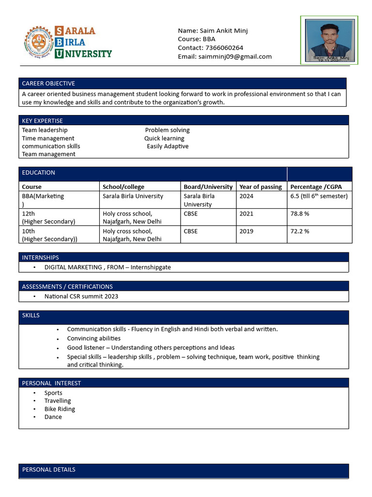 BBA Student with Marketing Focus Resume | PDF