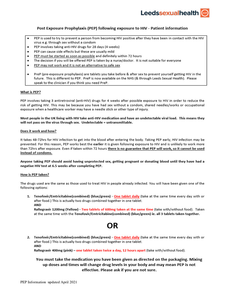 PEPSEpatientleaflet LSH | PDF | Management Of Hiv/Aids | Public Health