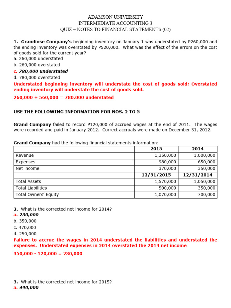 Financial Statement Quiz Insights | PDF | Depreciation | Income