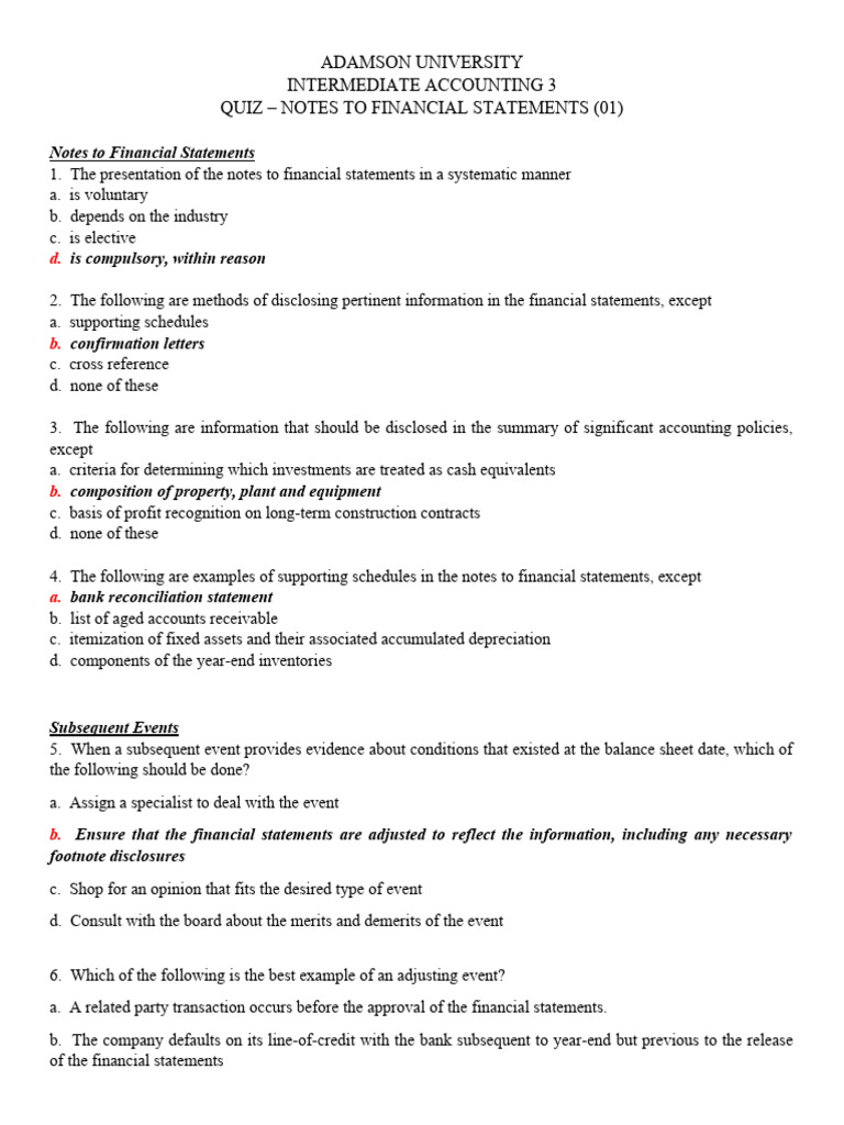 Notes To Financial Statements 01 ANSWER KEY | PDF | Financial Statement ...