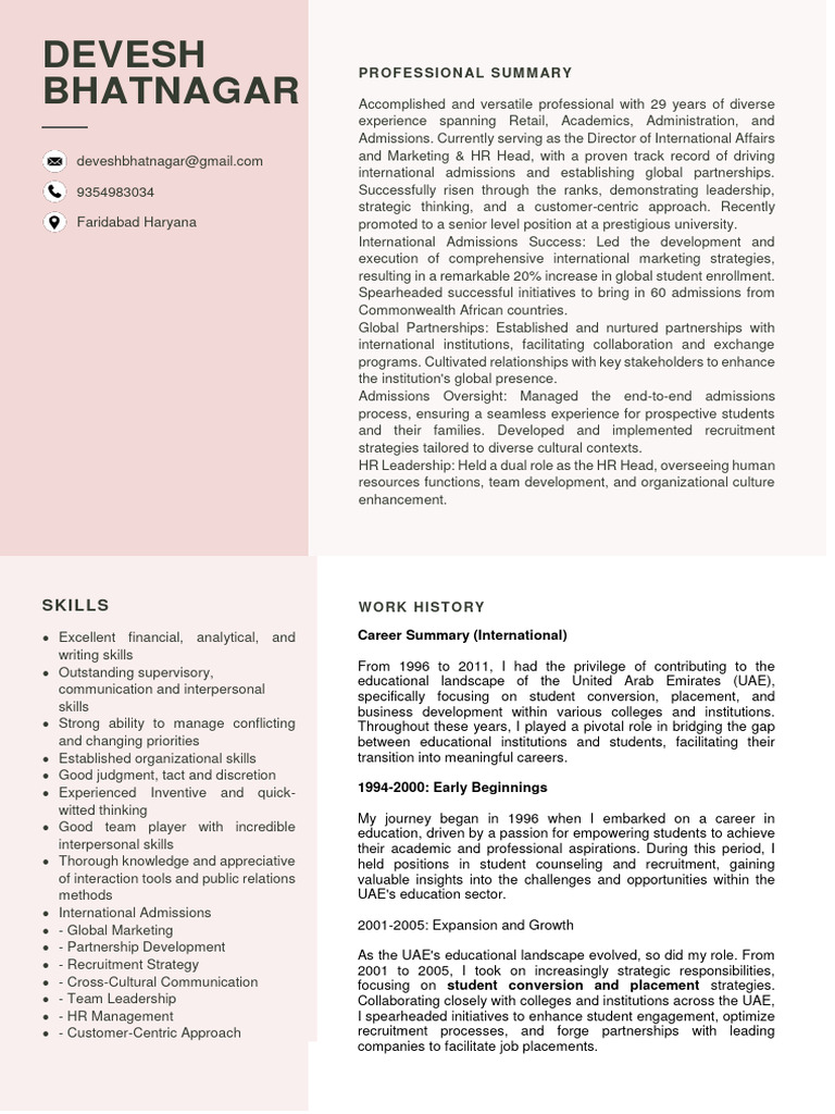 Devesh - Bhatnagar - Resume With International Experience | PDF | Internship | Job Hunting