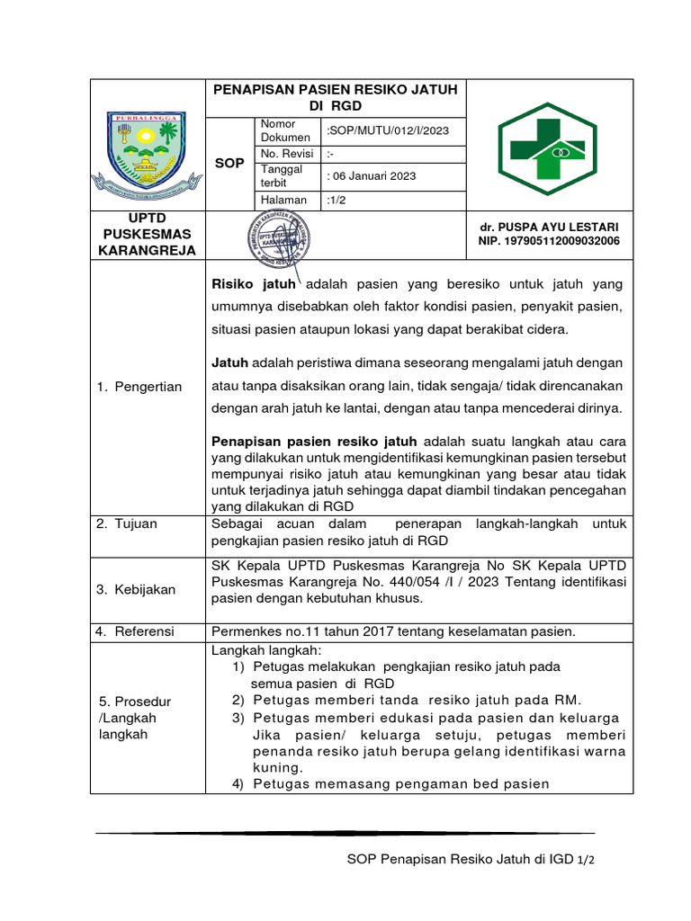 Sop. Penapisan Pasien Resiko Jatuh Di RGD | PDF