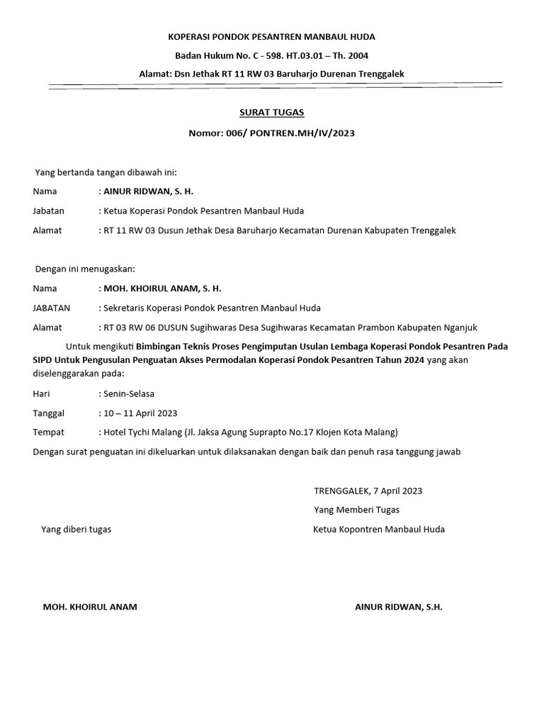 Surat Tugas Koperasi Pesantren | PDF