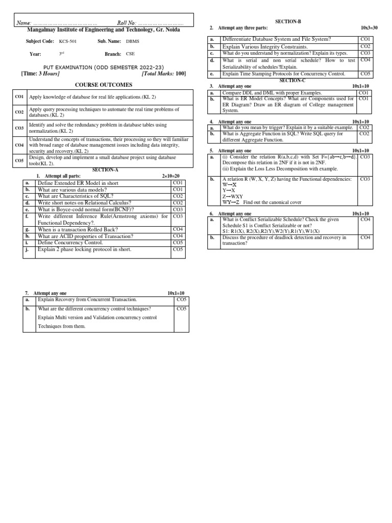 PUT Question Paper (DBMS) | Download Free PDF | Databases | Database Transaction