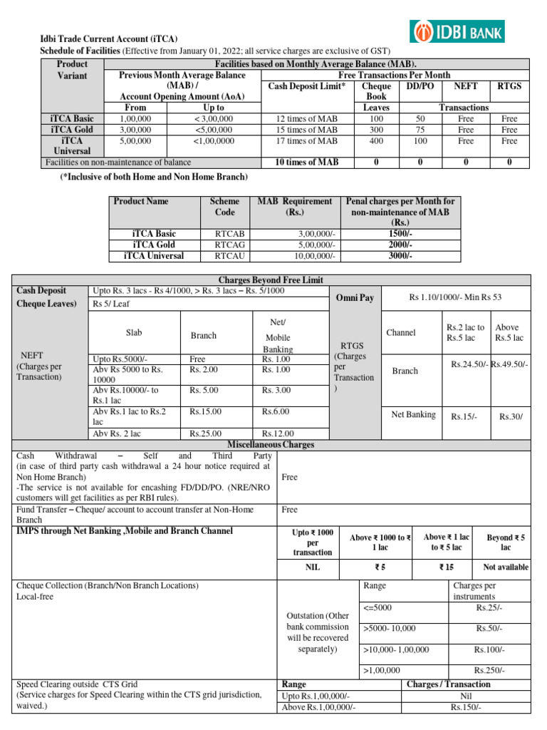 IDBI Trade Current Account Charges | PDF | Transaction Account ...