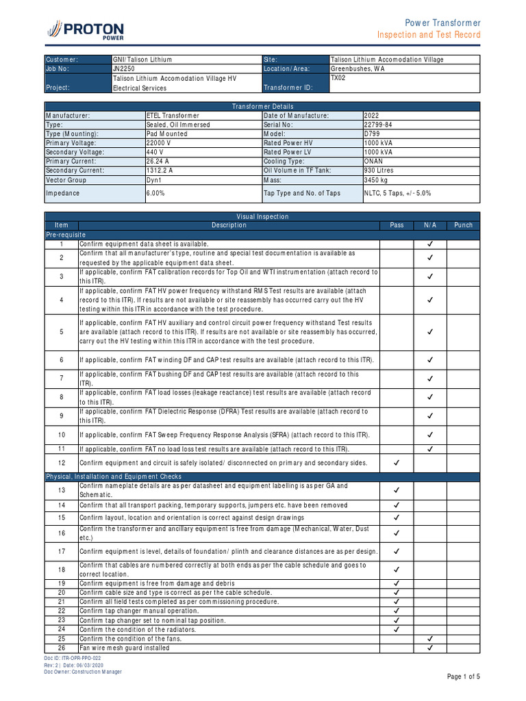 Transformer Inspection Record | PDF | Transformer | Manufactured Goods