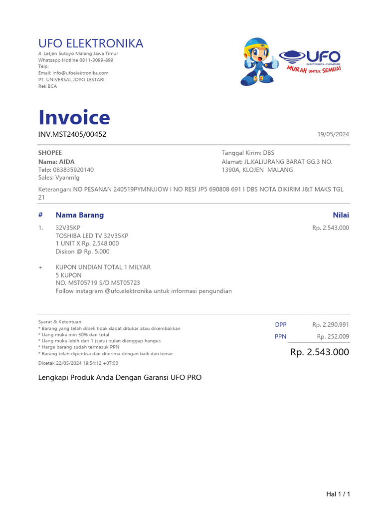 Invoice Pembelian TV LED di UFO Elektronika | PDF
