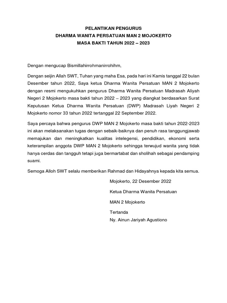 Naskah Pelantikan Pengurus | PDF