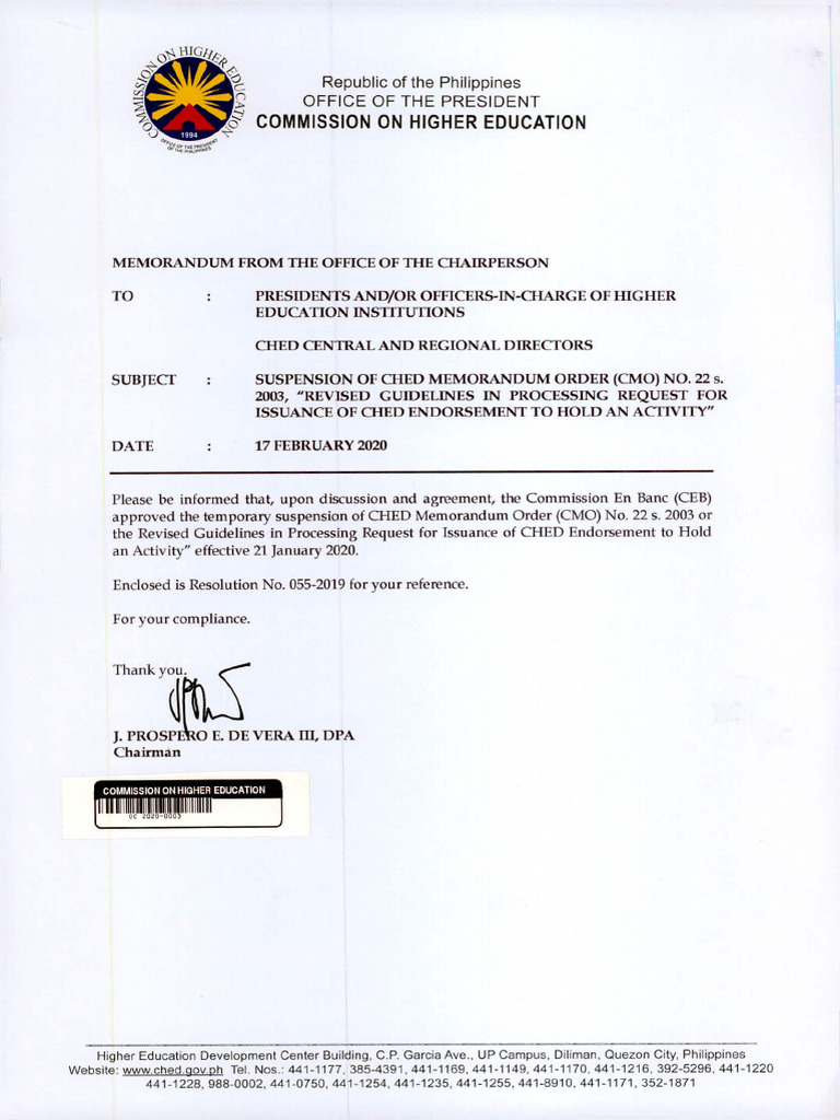 CHED Suspends CMO No. 22 Guidelines | PDF