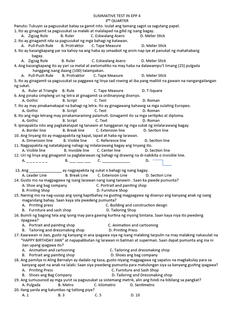 SUMMATIVE TEST IN EPP 4 3rd Quarter | PDF
