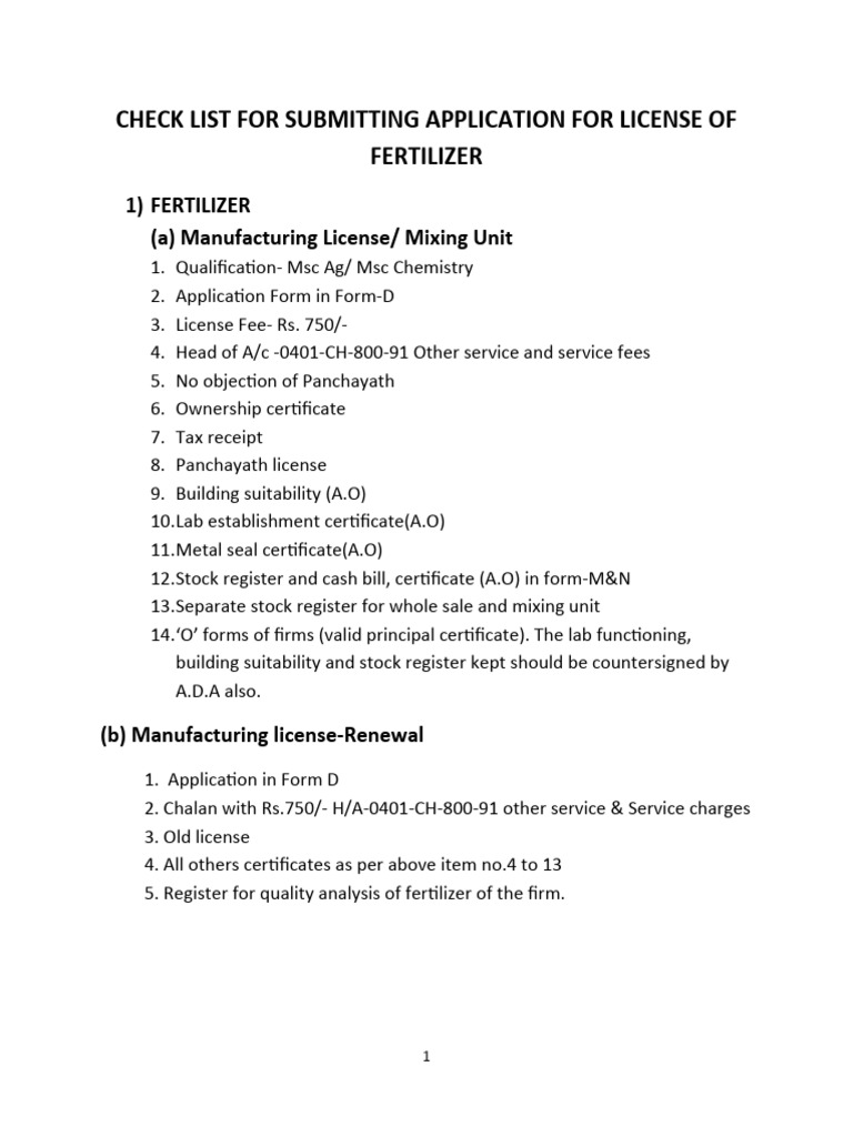 Check List For Submitting Application For License of Fertilizer | PDF ...