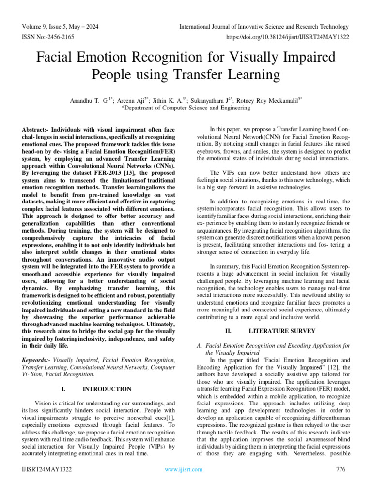 Facial Emotion Recognition For Visually Impaired People Using Transfer Learning | PDF ...