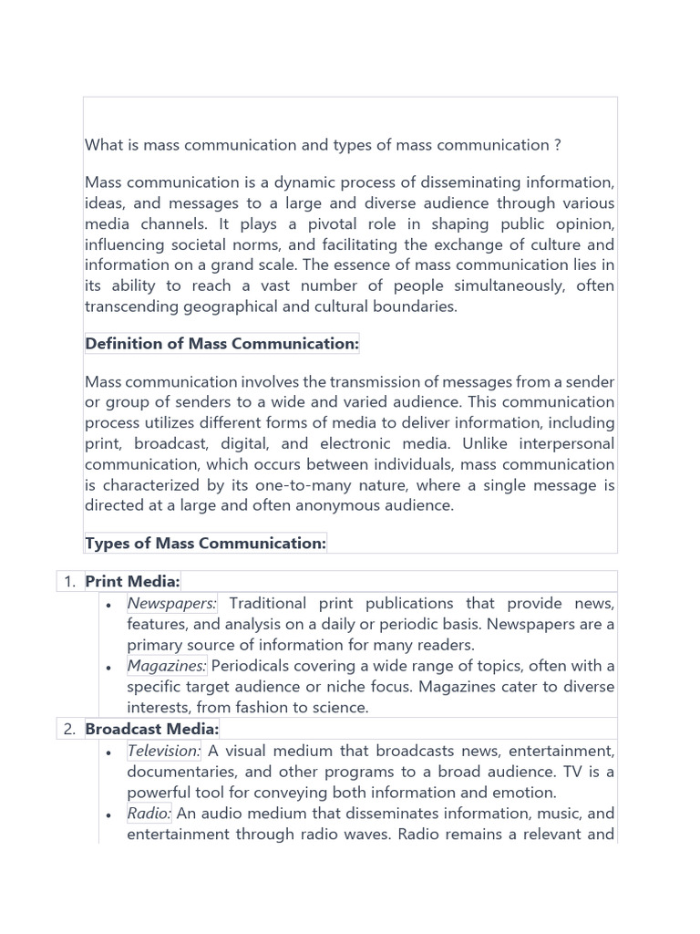 Types and Importance of Mass Communication | PDF | Mass Media ...