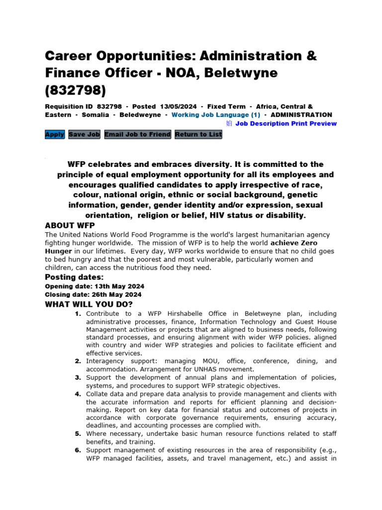 Admin & Finance Officer Job in Beletwyne | PDF | World Food Programme | Experience