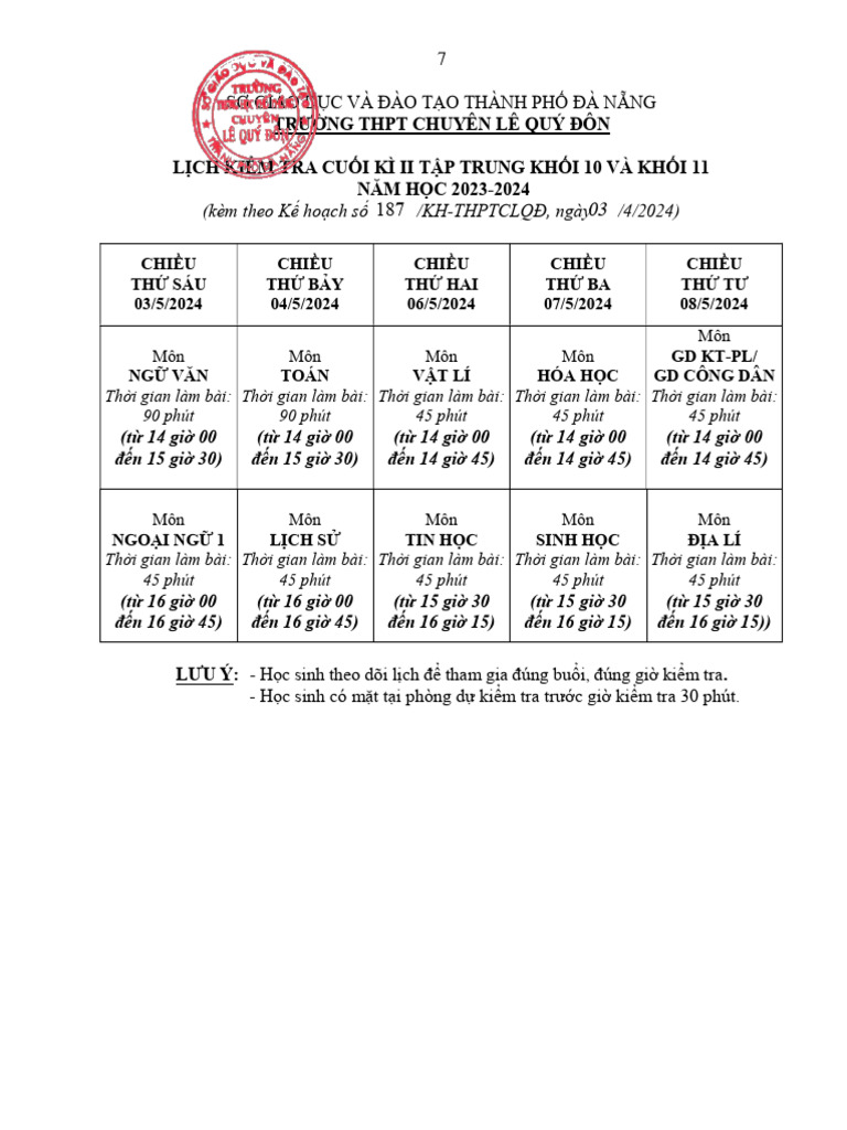 Lich Kiem Tra Cuoi Ki 2 - 2023-2024 - LQD - Signed | PDF