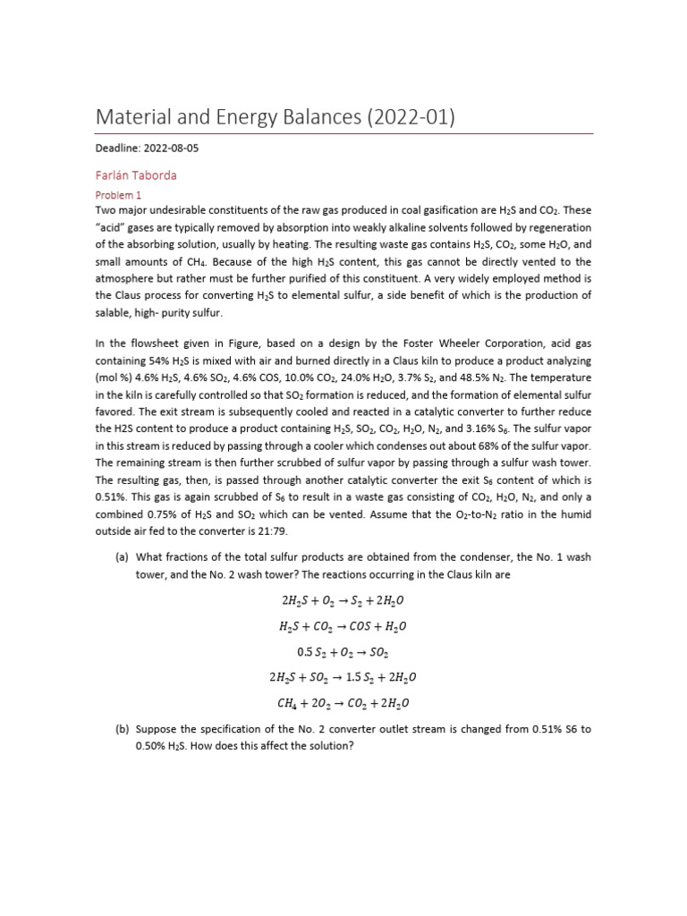 Material and Energy Balances - HW1 | PDF | Sulfur Dioxide | Chemical ...