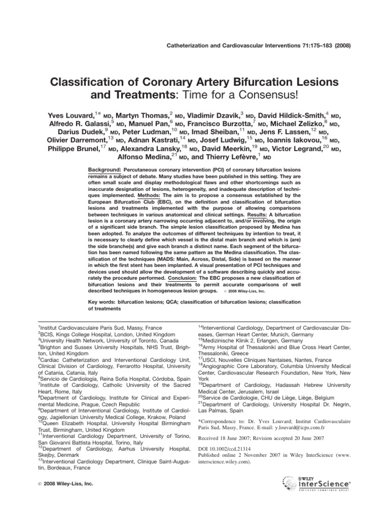 Classification of Coronary Artery Bifurcation Lesions and Treatments Time For A Consensus | PDF ...