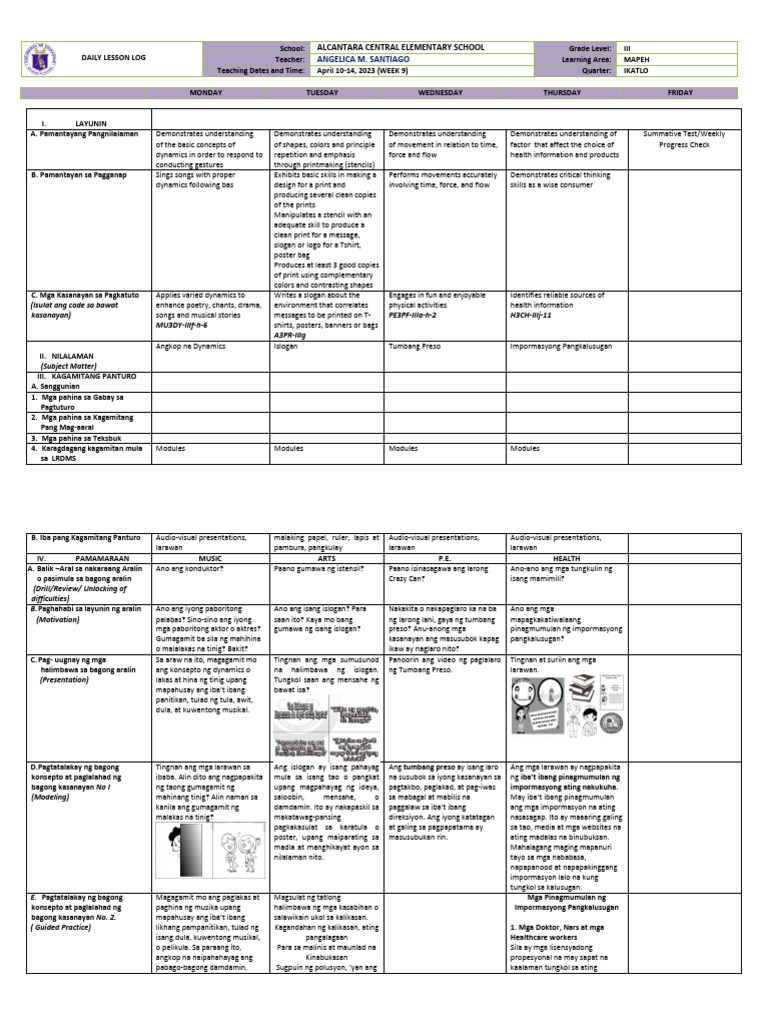 DLL - Mapeh 3 - Q3 - W9 | PDF