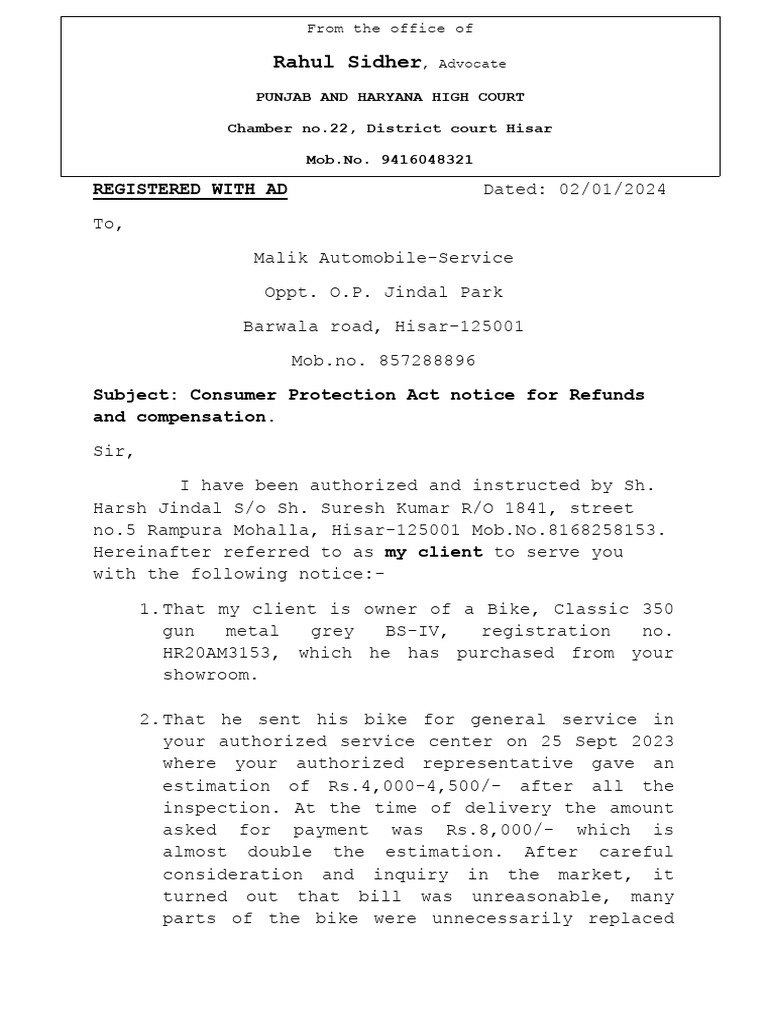 Consumer Notice for Refund in Hisar | PDF | Justice | Crime & Violence