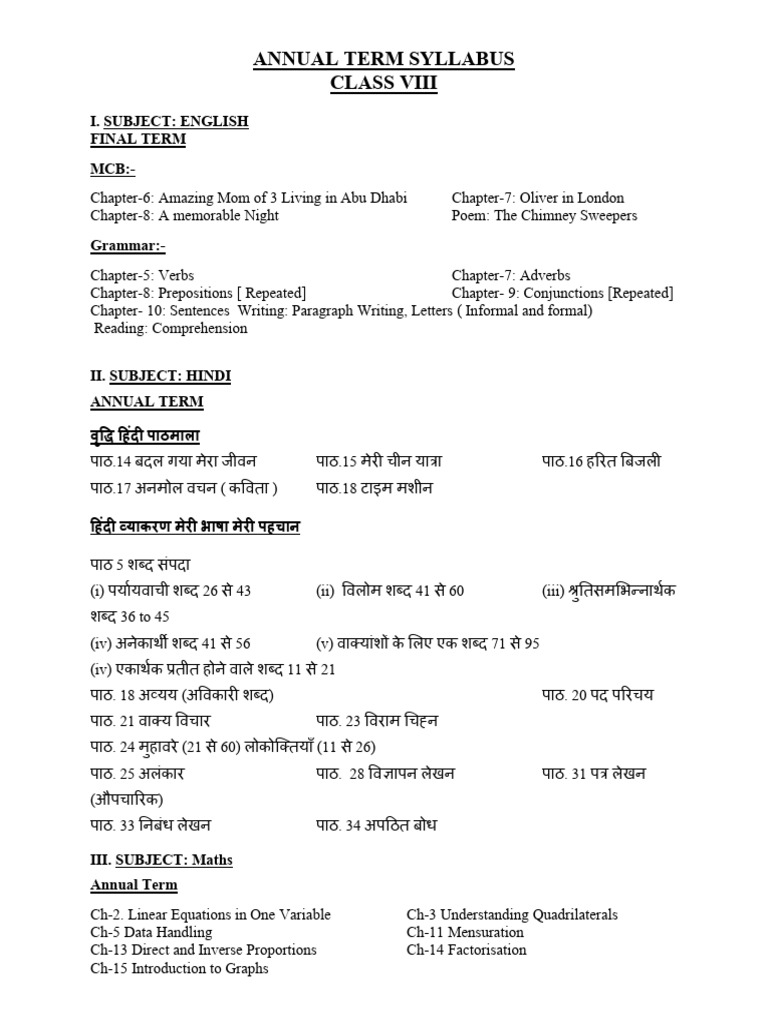 Viii Class Final Term Syllabus | PDF