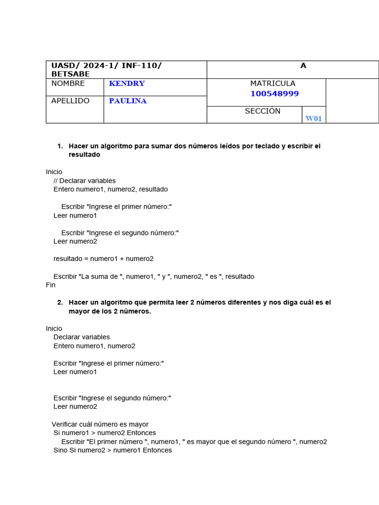 Tarea - Algoritmos en Pseudocodigos | PDF | Matemática Elemental | Matemáticas