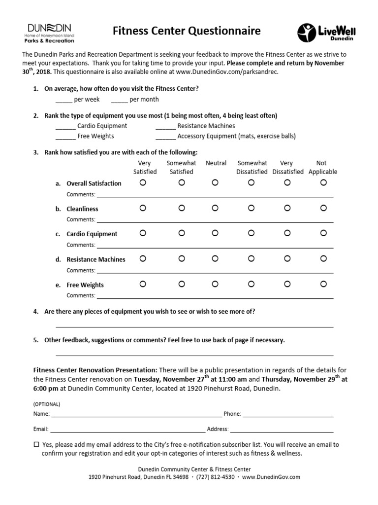 Fitness Center Feedback Survey | PDF