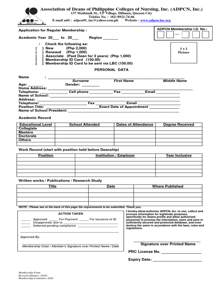 ADPCN Membership Application Form 2020 | PDF | Fax