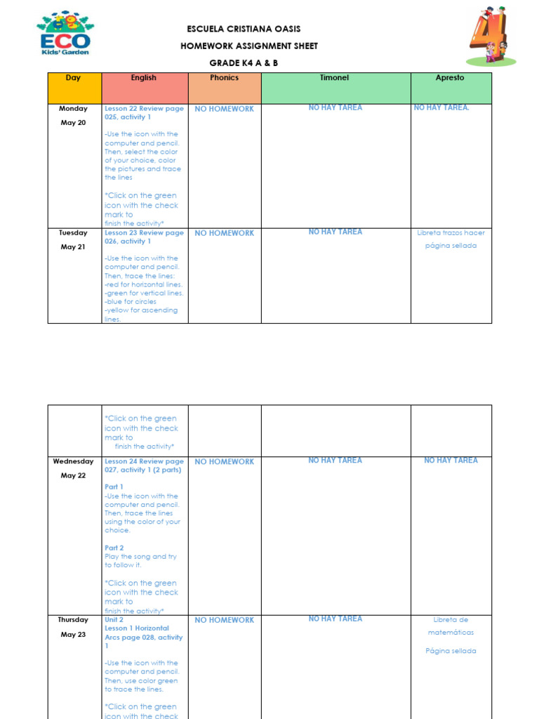 K4 A-B HOJA DE TAREAS Del 20 - 24 de Mayo | PDF | Hogar, jardinería y ...