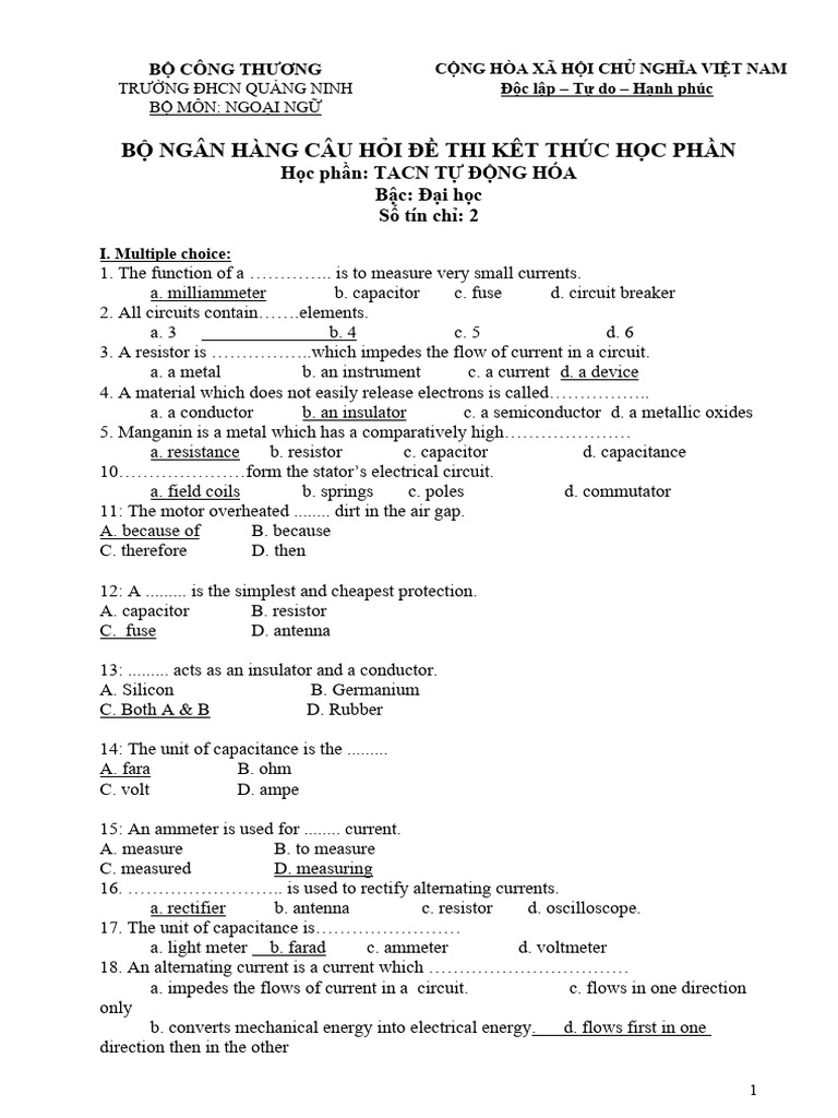 Ngân Hàng Câu Hỏi Thi Tự Động Hóa | PDF | Electrical Resistance And ...