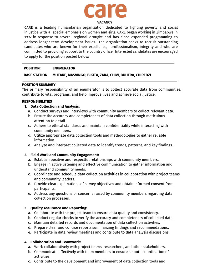 Enumerator Job Vacancy at CARE | PDF | Data | Data Collection