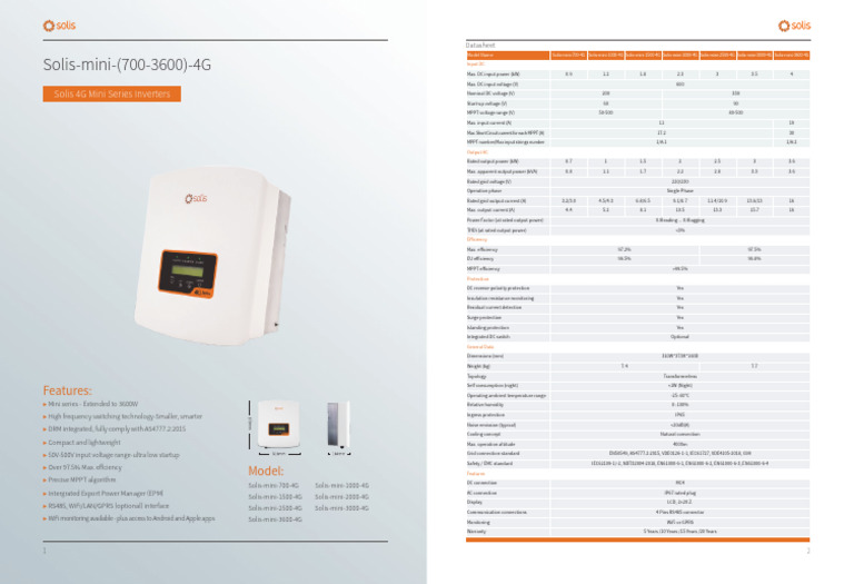 Solis-datasheet_mini-(700-3600)-4G | PDF | Electronic Engineering | Electrical Engineering