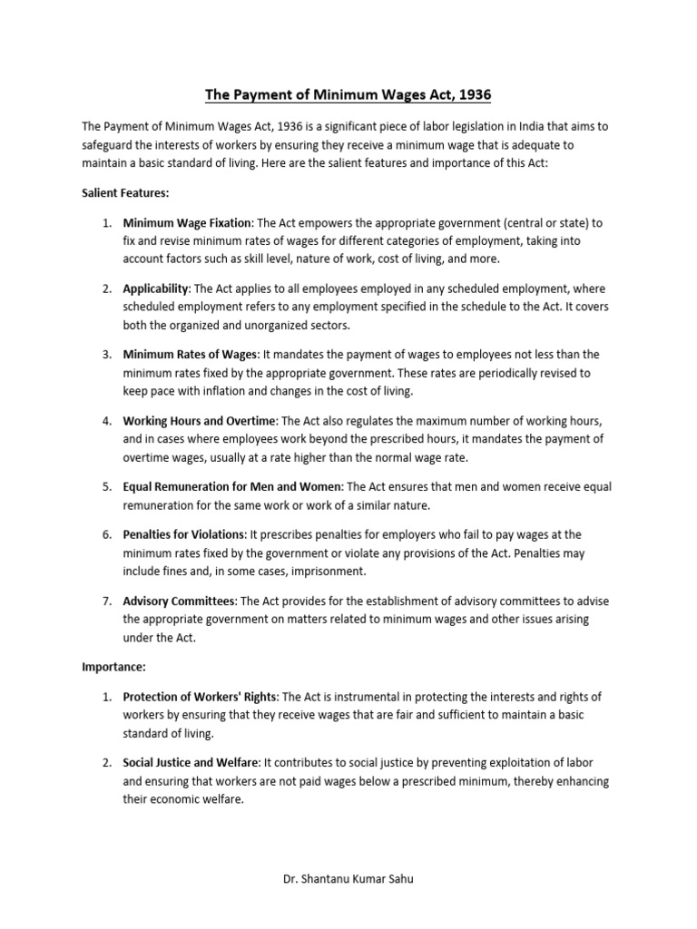 The Payment of Minimum Wages Act, 1936-1 | PDF | Cost Of Living ...