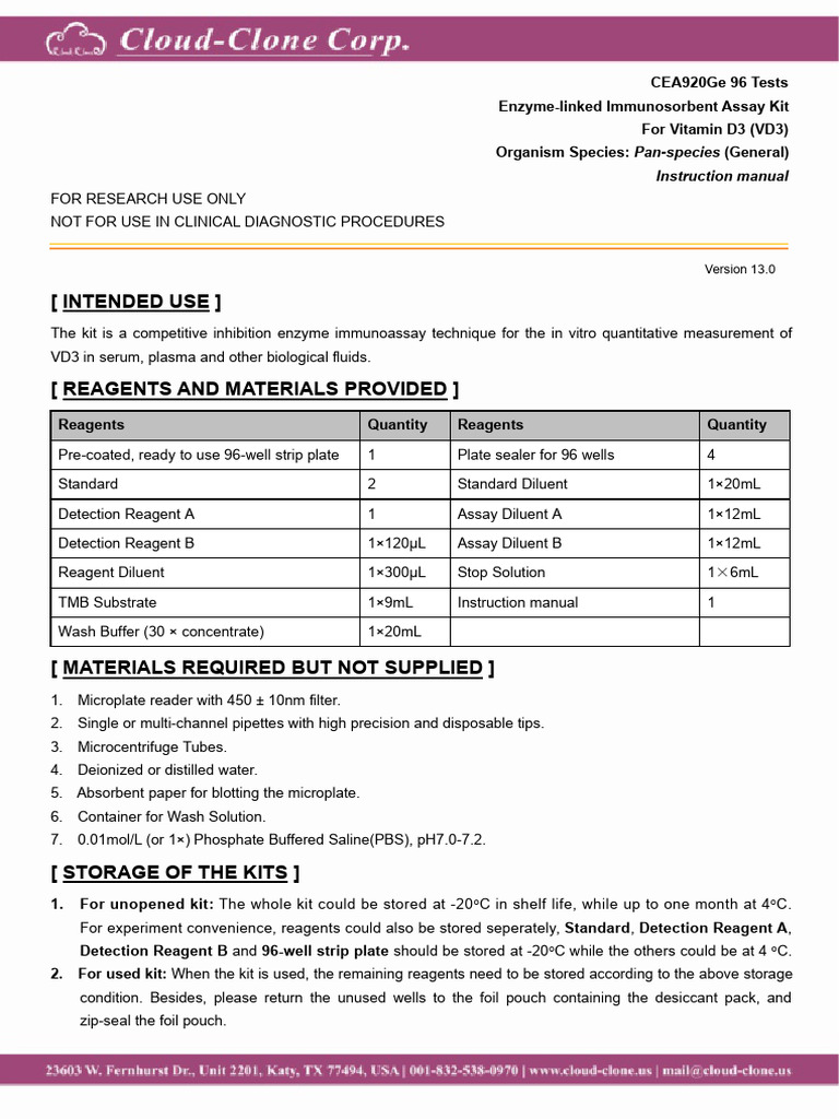 ELISA Kit For Vitamin D3 (VD3) CEA920Ge | PDF | Elisa | Immunoassay