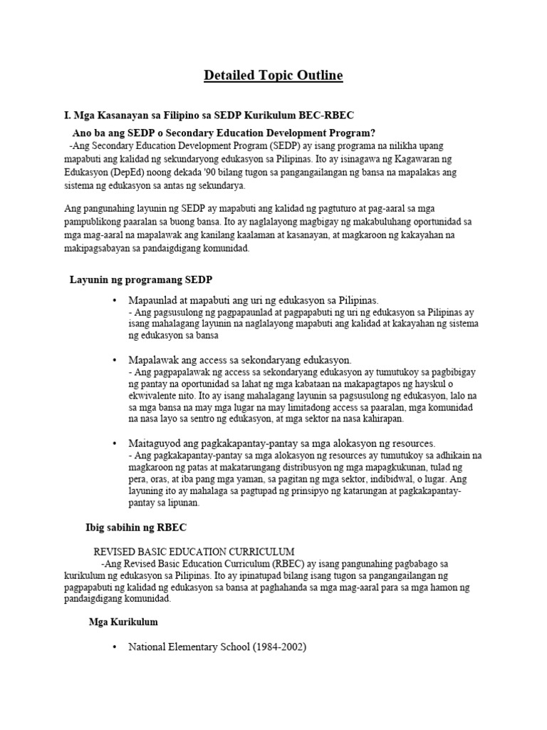 Mga Kasanayan Sa Filipino Sa SEDP Kurikulum BEC RBEC.detailed Topic | PDF