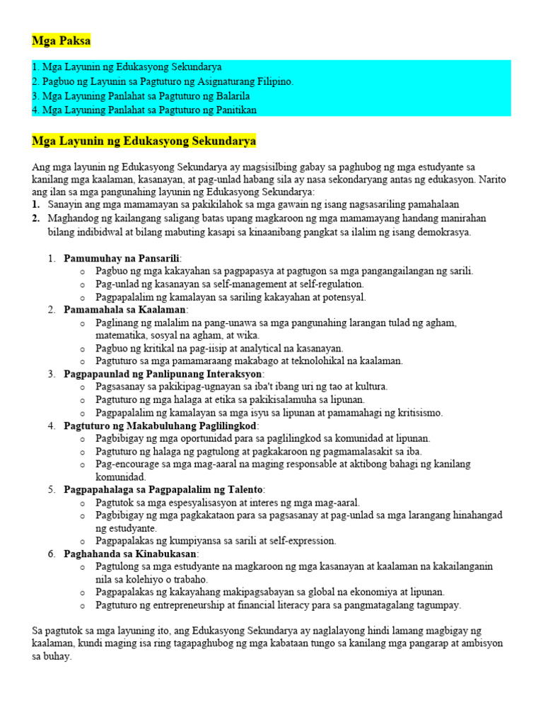 Ang Mga Layunin NG Edukasyong Sekundarya | PDF