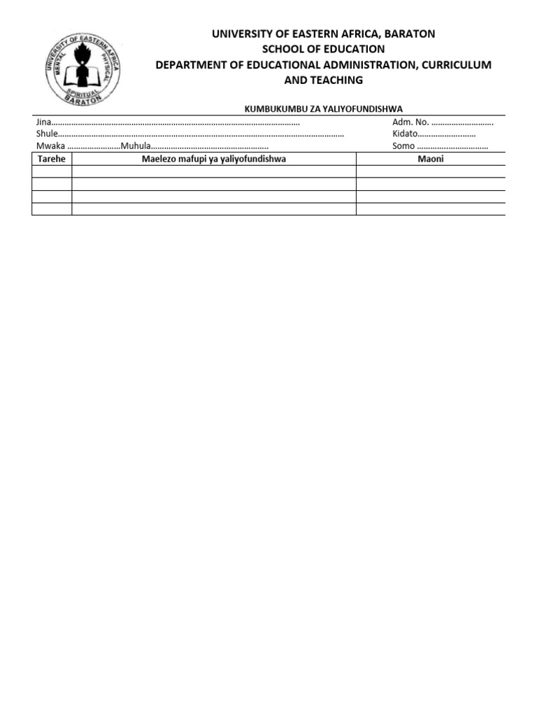 Record of Work Covered Soft Copy Template - KISWAHILI | PDF