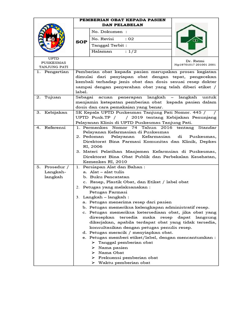 2019.8.2.3.3-Sop Penyerahan Obat Kepada Pasien Dan Pelabelan | PDF | Kesehatan Holistik | Sains ...