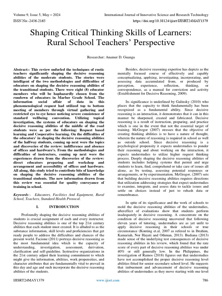 Shaping Critical Thinking Skills of Learners: Rural School Teachers ...