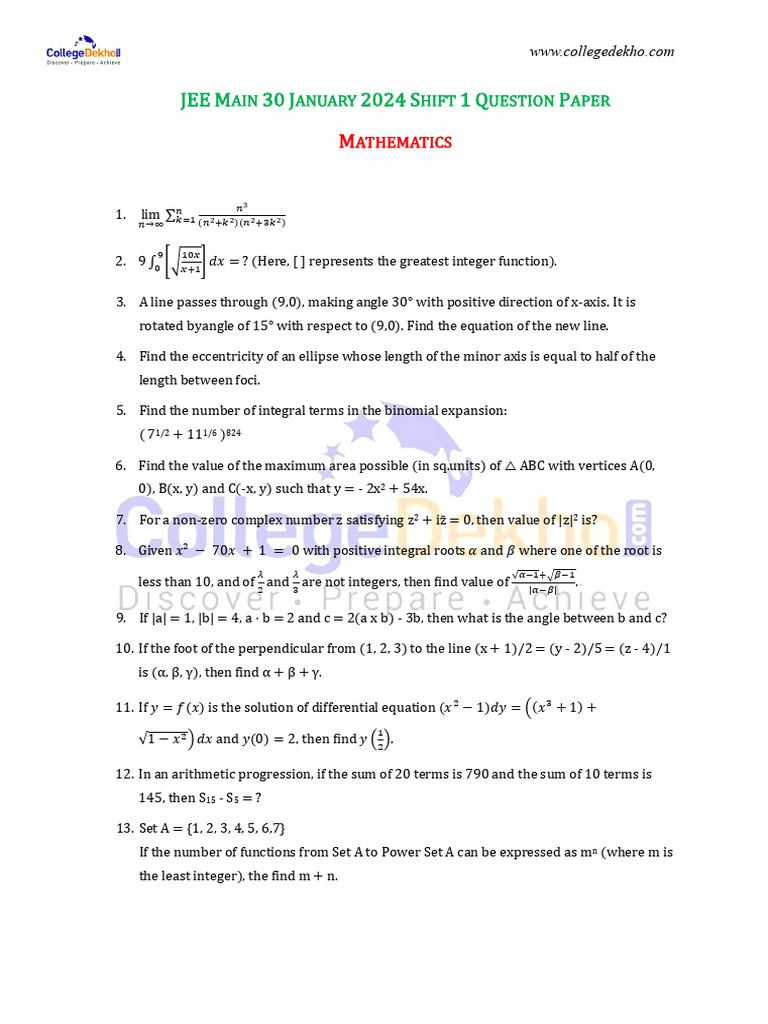 Jee Main Question Paper 30 Jan 2024 Shift 1 Mathematics Collegedekho ...
